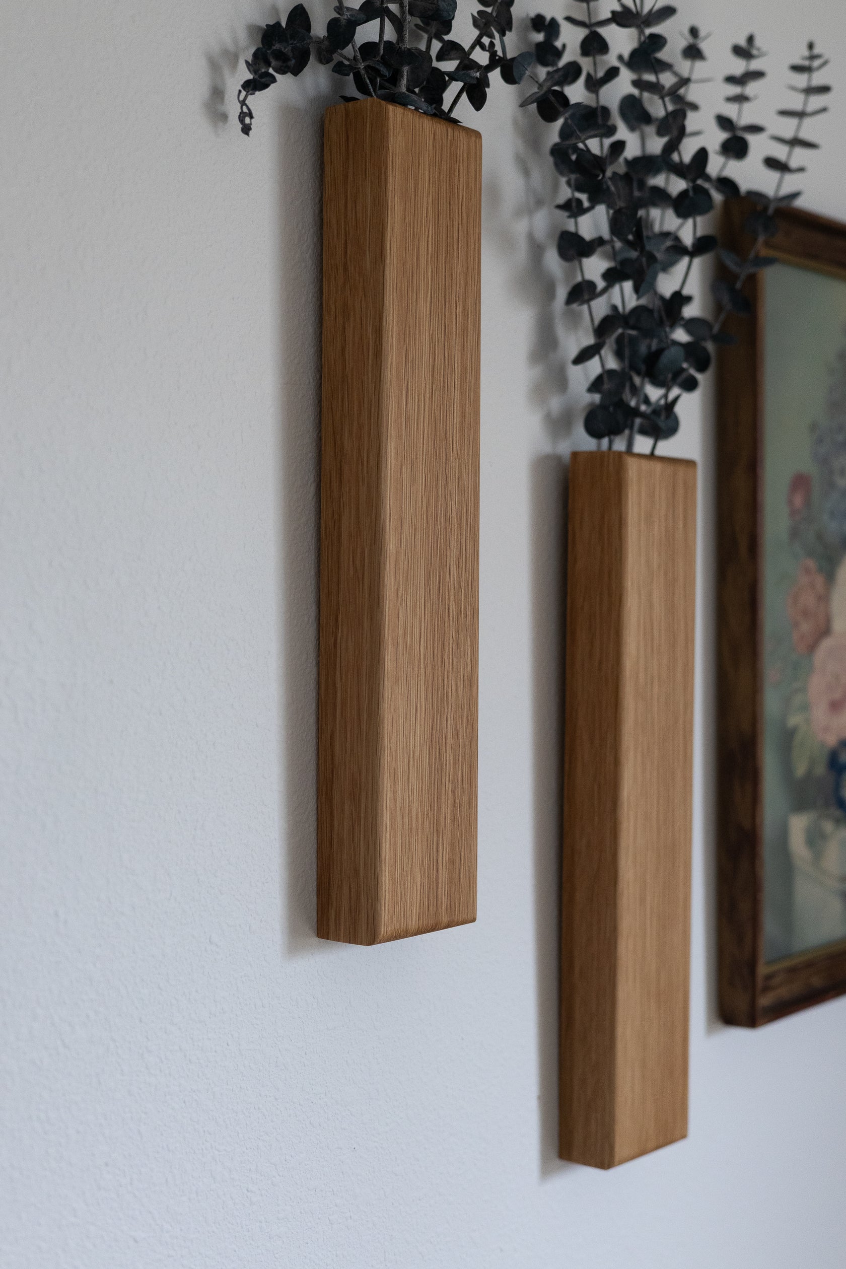 Slim 12 Inch Oak Wall Pocket with Preserved Eucalyptus – Carpenter ...